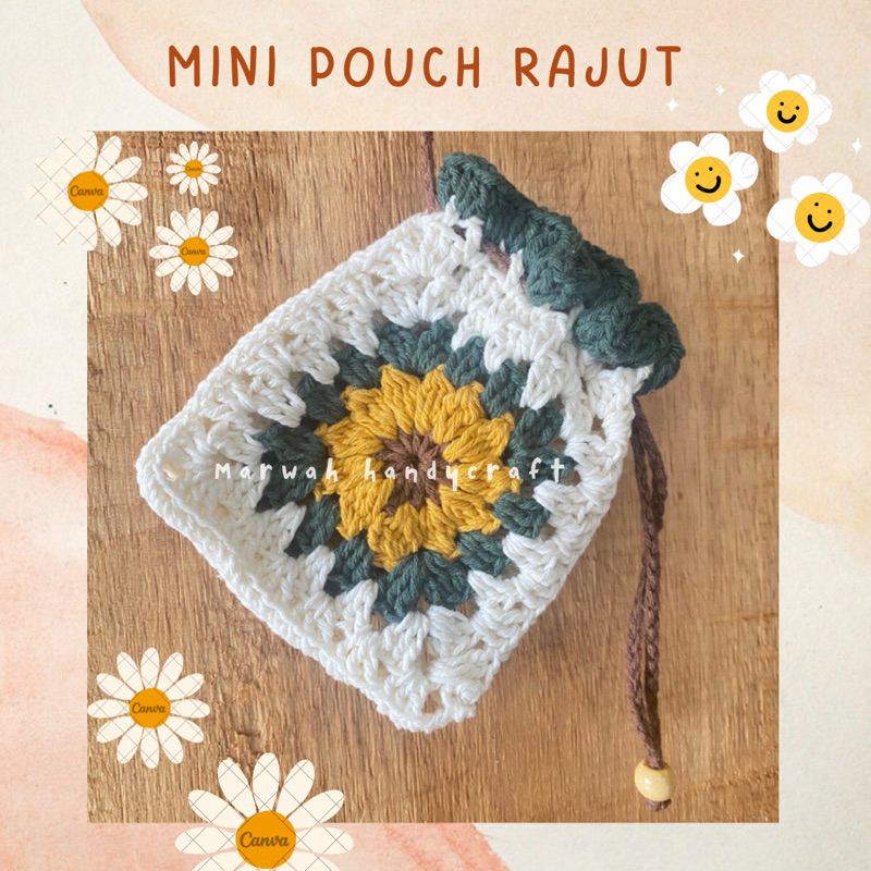 Jual Mini Pouch Serut Rajut Bunga Matahari Pouch Serut Pouch Rajut ...