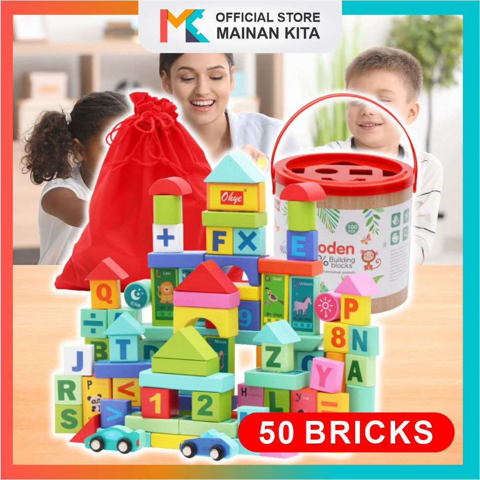 Jual [MK112] Mainan Edukasi Anak Blok Bangunan Kayu 50 / 100 pcs ...