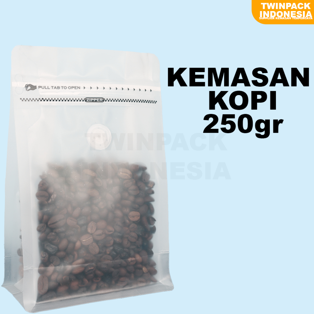 Jual Kemasan Kopi 250gr Flat Bottom Transparan Doff Ziplock Valve | Packaging Kopi | Bungkus ...