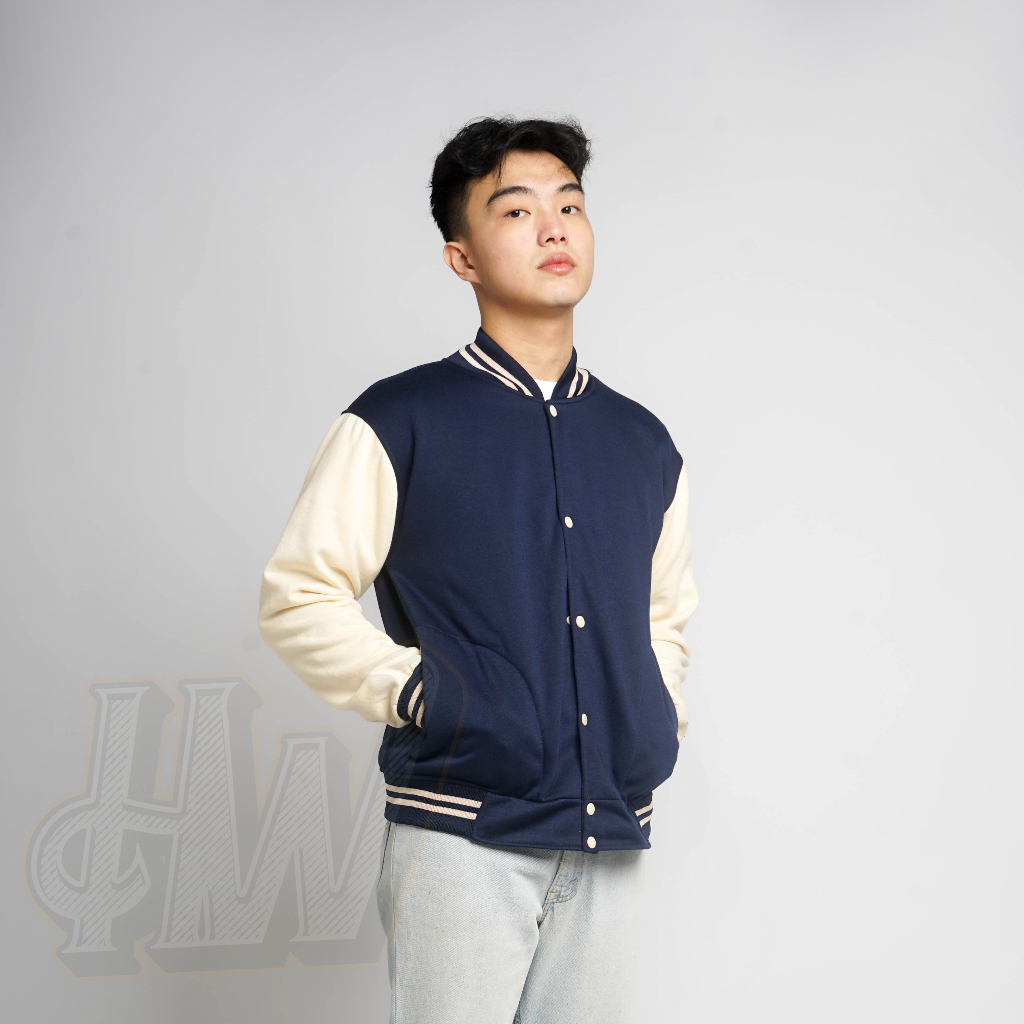 Jual Jaket Basebal Varsity Kancing Hijau Tangan Cream Polos Pria dan ...