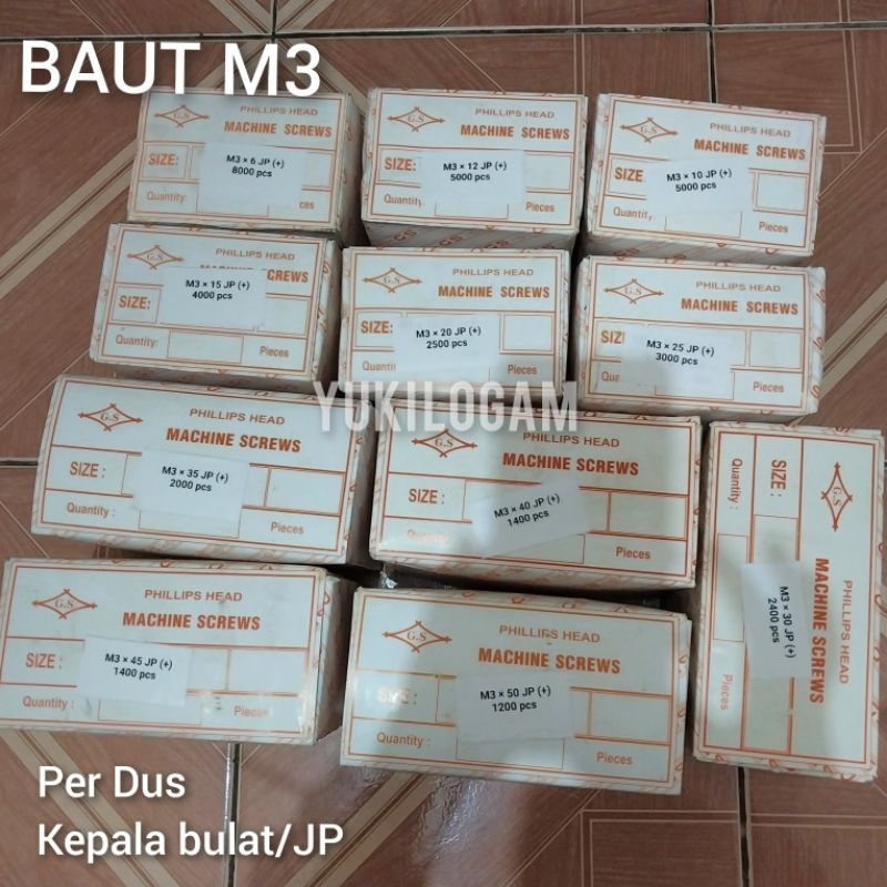 Jual 1 Dus Baut M3 Ukuran M3x6 sampai M3x50 Kepala bulat JP | Shopee Indonesia