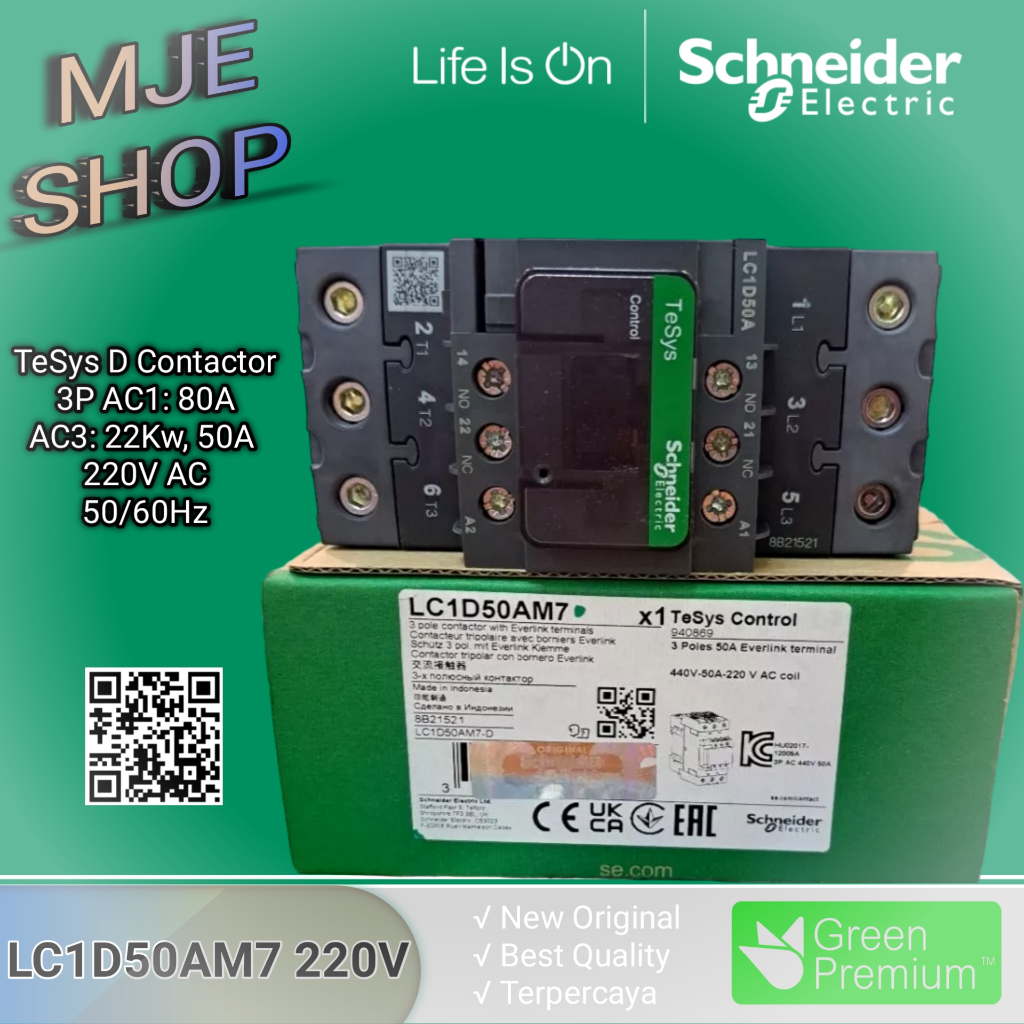 Jual Schneider Kontaktor LC1D50AM7 LC1D50 220v 50/60Hz 22kw Contaktor ...