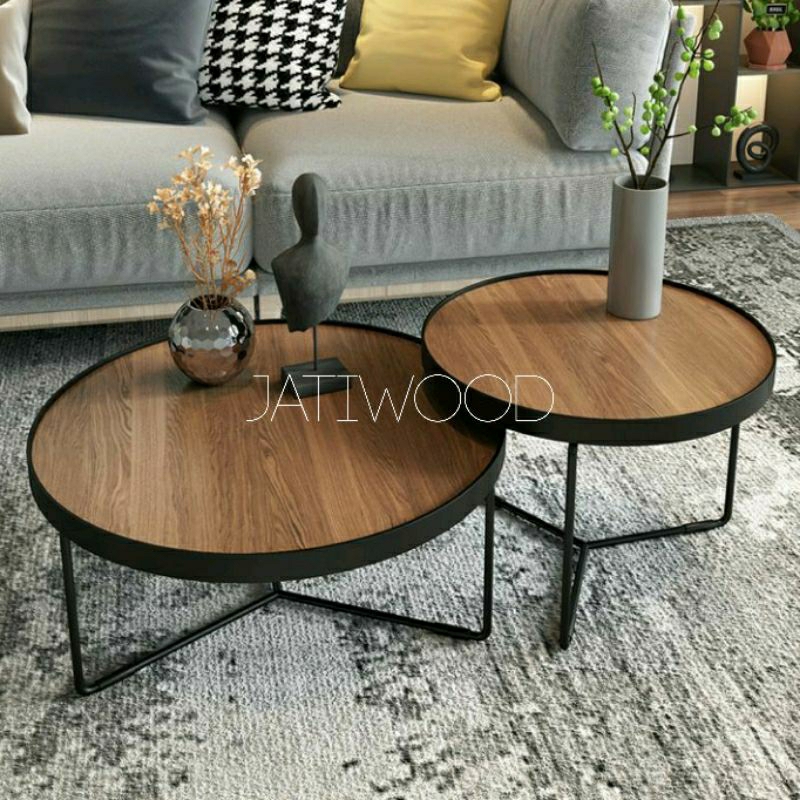 Jual Coffe table modern besi top kayu jati minimalis, meja tamu nesting ...