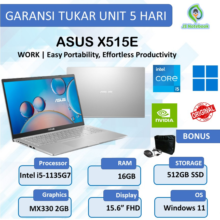 Jual LAPTOP ASUS X515E MX330 2GB intel i5-1135G7 16GB 512SSD WIN11 15.6 ...