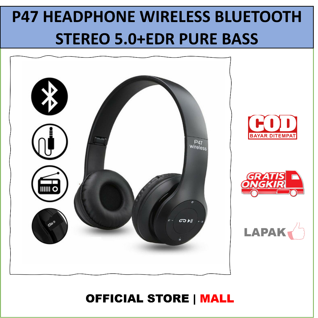 Jual P47 Headphone Wireless Bluetooth Stereo 5.0+EDR Pure Bass | Shopee Indonesia
