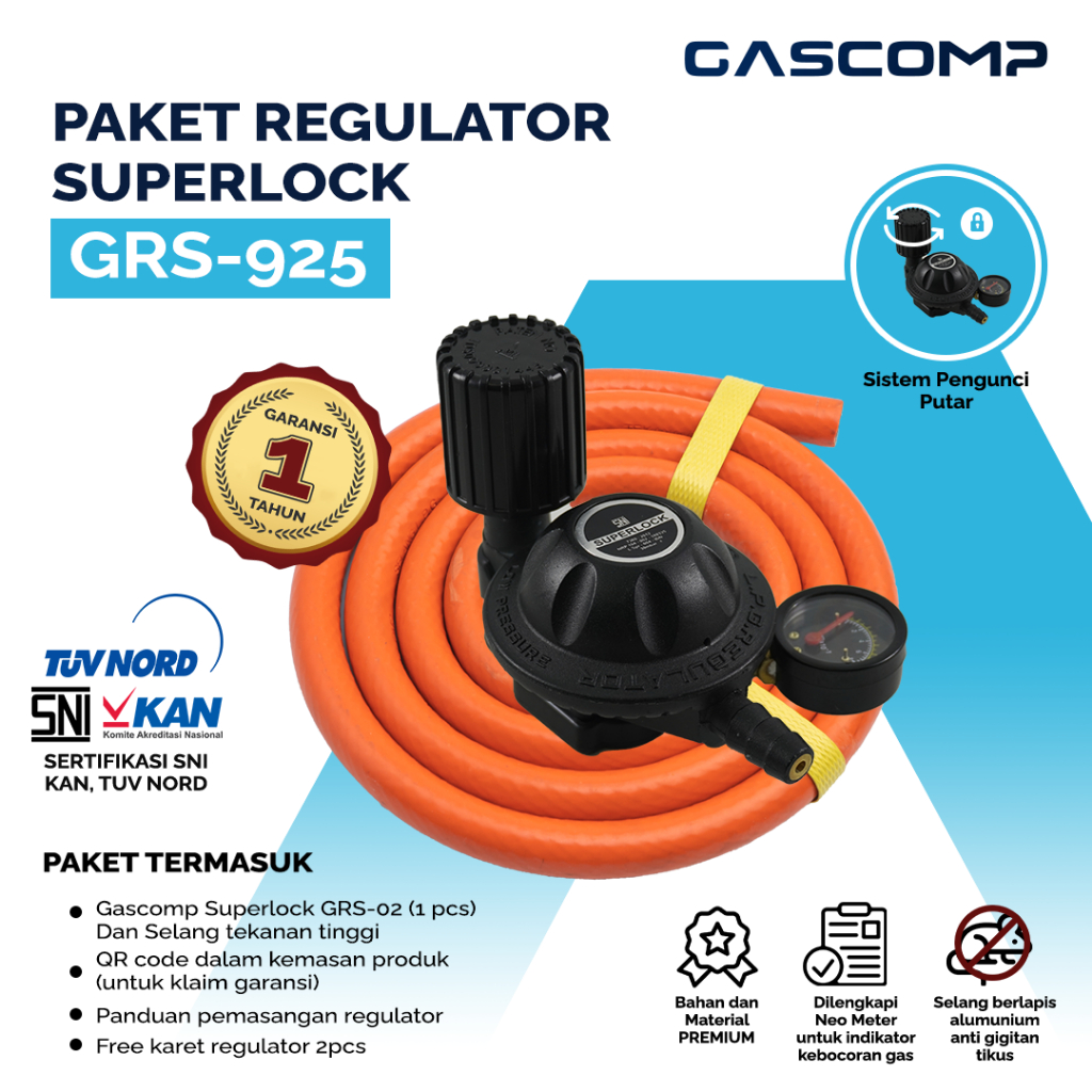 Jual GASCOMP Paket Regulator Superlock Putar + Selang (GRS-925) Regulator Gas Superlock ...