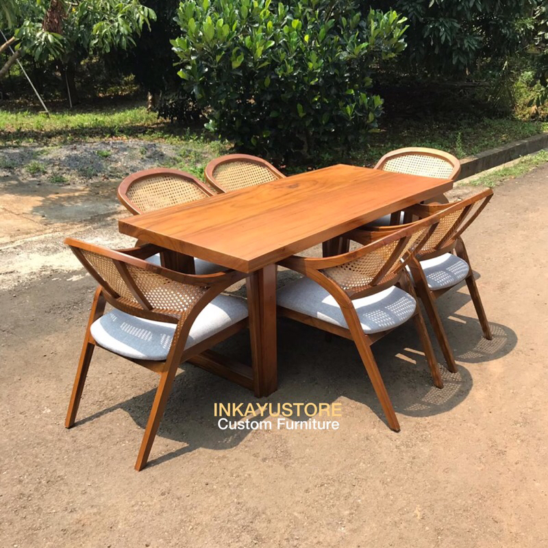 Jual MEJA MAKAN KAYU SOLID ELEGANT | MEJA MAKAN MINIMALIS JATI MIX KURSI ROTAN | Shopee Indonesia