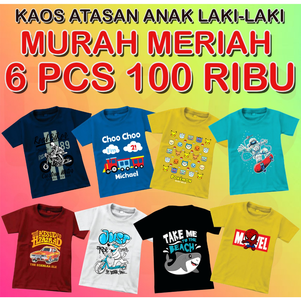 Jual PAKET 6 PCS 100000 FREE AMPLOP Kaos atasan anak laki-laki lengan pendek ukuran 1-10 tahun ...
