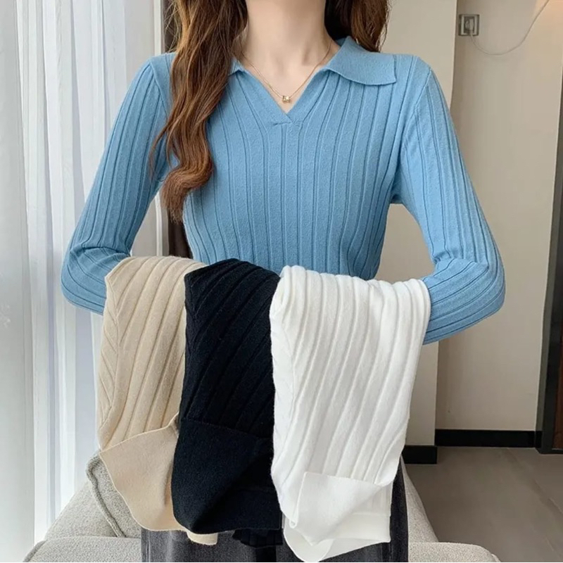 Jual Atasan Rajut Korean Polo Knit | A827 | Collar Top Kerah Vneck Lengan Panjang | Shopee Indonesia
