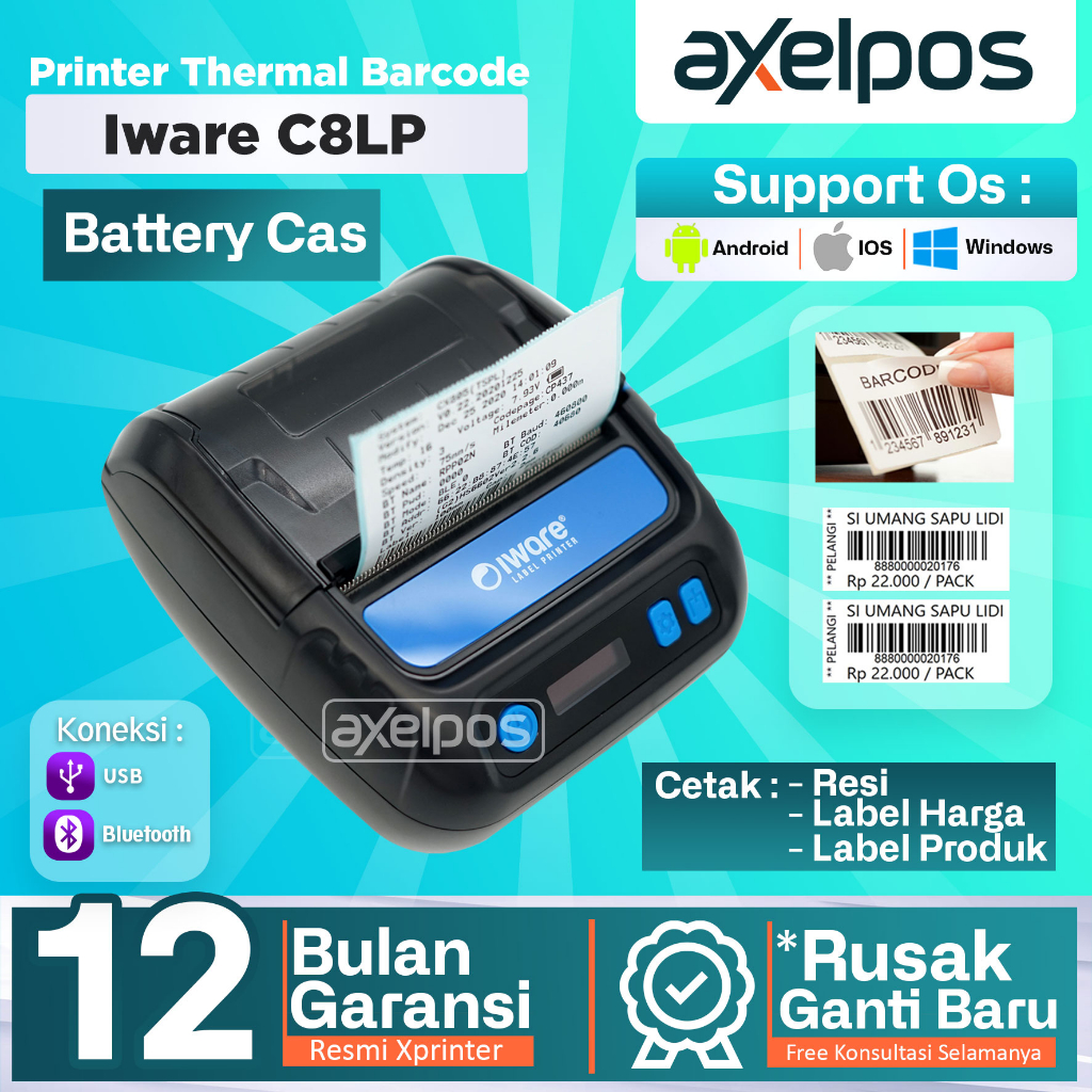 Jual PRINTER BARCODE THERMAL BLUETOOTH LABEL 80MM STICKER IWARE C8LP KONEKSI USB DAN BLUETOOTH ...