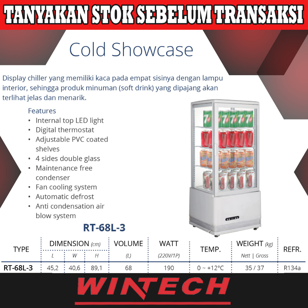 Jual Gea RT-68L-3 Cold Showcase Display Minuman Soft Drink Dengan Kaca Di Empat Sisi Dan Lampu ...