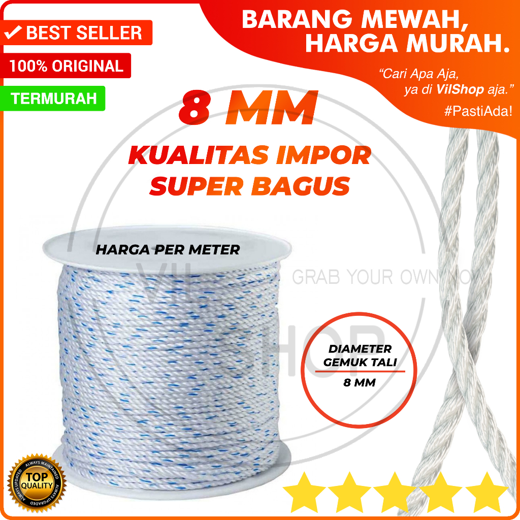 Jual TALI PUTIH 8 MM KUALITAS BAGUS IMPORT PER METER / PP PE NYLON NILON ROPE 8MM TALI TARIK ...