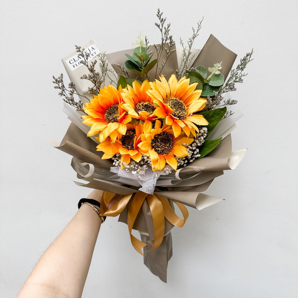 Jual CLARKIA FLORISTRY [ORI] Artificial 5 Stem Sunflower Bouquet ...