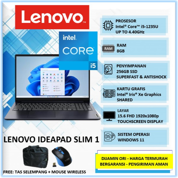 Jual Laptop Lenovo Ideapad Slim 1i 15 Intel i5 Gen 12 8GB 256GB SSD 15" FHD | Shopee Indonesia