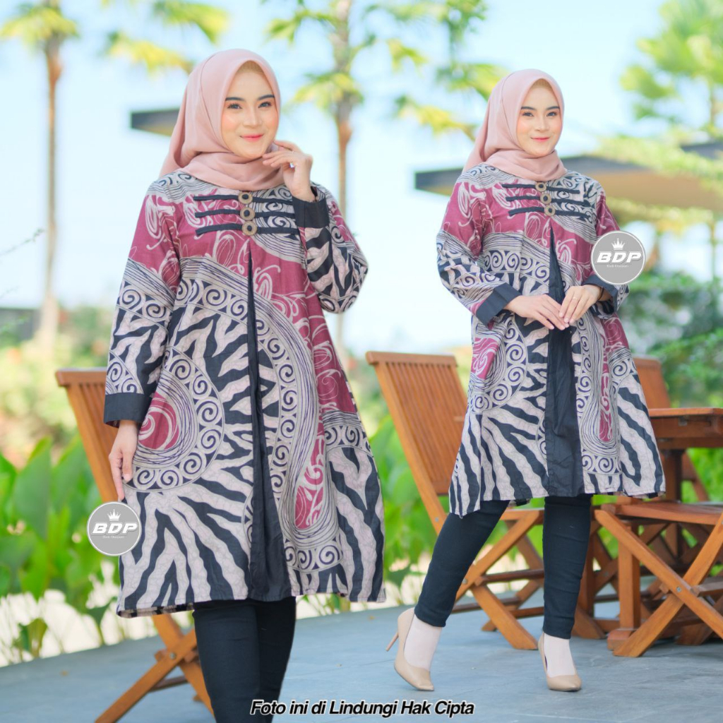 Jual Dianputri - Tunik Batik Wanita Motif kusuma Warna Biru Lengan Panjang Seragam Batik Kantor ...