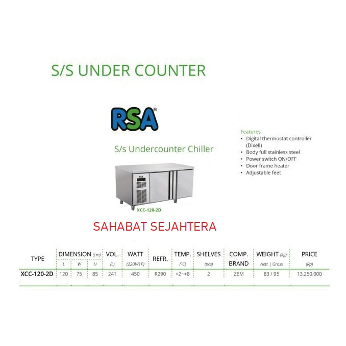Jual RSA Stainless Steel Undercounter Chiller XCC-120-2D Chiller ...