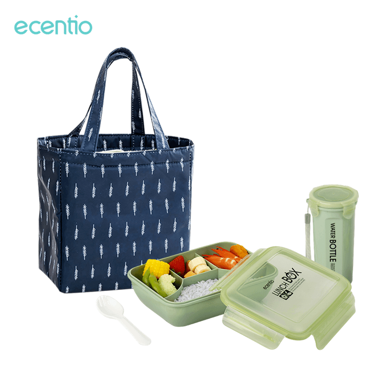 Jual ecentio Lunch Box Set 4 Grid Anti Tumpah Dan Tas/Kotak Bekal Makan Botol Minum Free Sendok ...