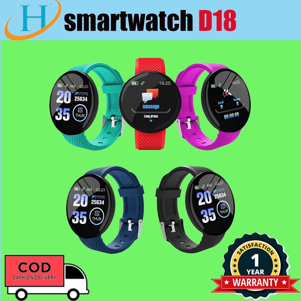 Jual COD SmartWatch D18 Smart Watch Olahraga Tahan Air Pria dan Wanita ...