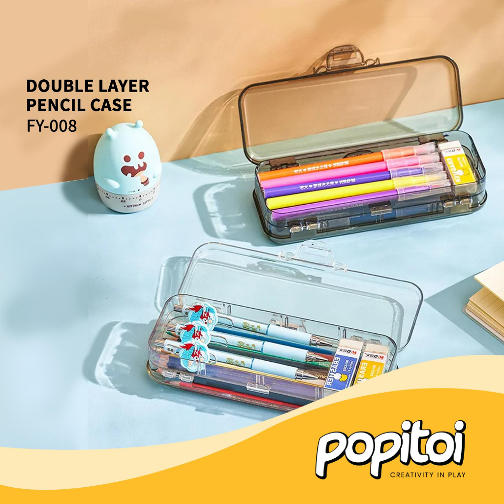 Jual Transparent Pencil Case Box Stationery Double Layer Pen Kotak ...