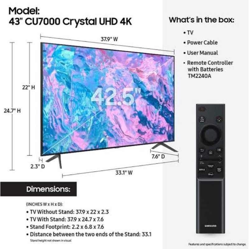 Jual SAMSUNG 43CU7000 LED TV UHD 4K SMART TV NEW 2023 | Shopee Indonesia