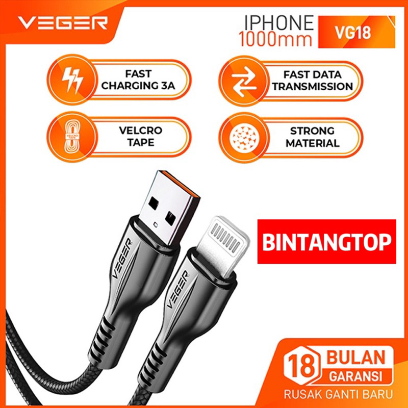 Jual VEGER VG-18 LIGHTNING / kabel data VEGER VG-18 LIGHTNING 100cm QC ...