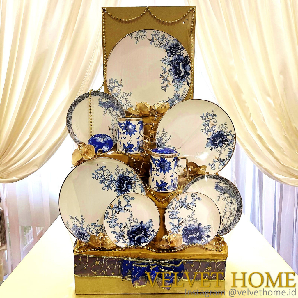 Jual Blue Peony Parcel SET Parsel Premium Piring Gelas Biru Lebaran ...