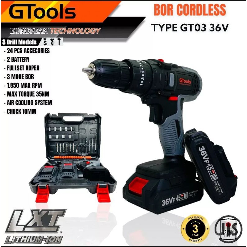 Jual NEW BOR CORDLESS DRILL GTOOLS GT03 10mm 36V 2 baterai bor kayu bor tembok bor tanah bor ...