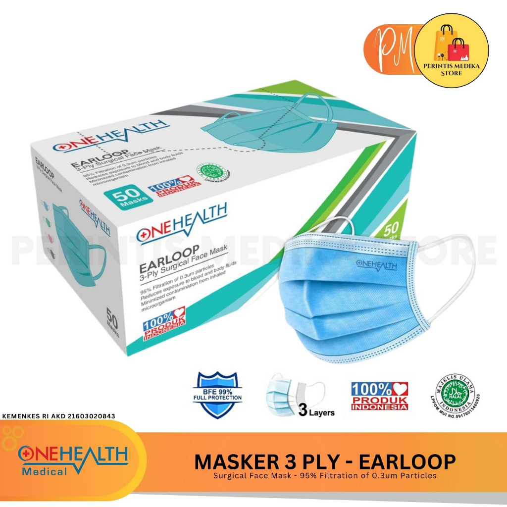 Jual Onehealth Masker Medis Earloop 3 Ply l Face Mask Surgical 50 pcs ...