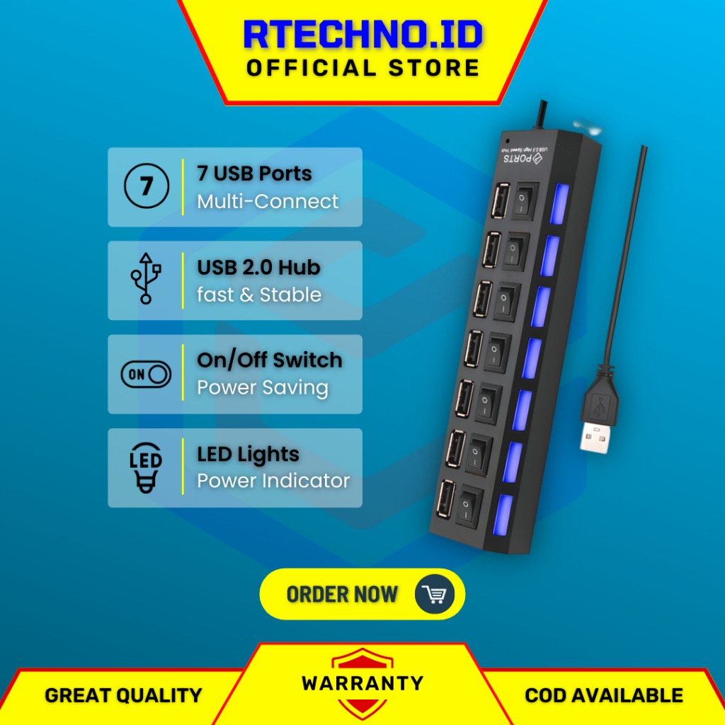 Jual USB Hub 7 Ports : On/Off Switch, Indikator LED, Port Daya ...