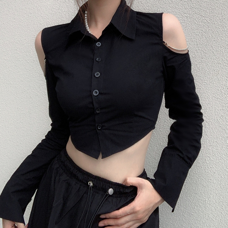 Jual [Sunflower Collection] - Crop top Kemeja off-shoulder hollow chain ...