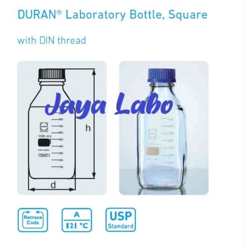 Jual SQUARE BOTTLE DURAN Vol. 250 ml / LABORATORY BOTTLE / REAGENT ...