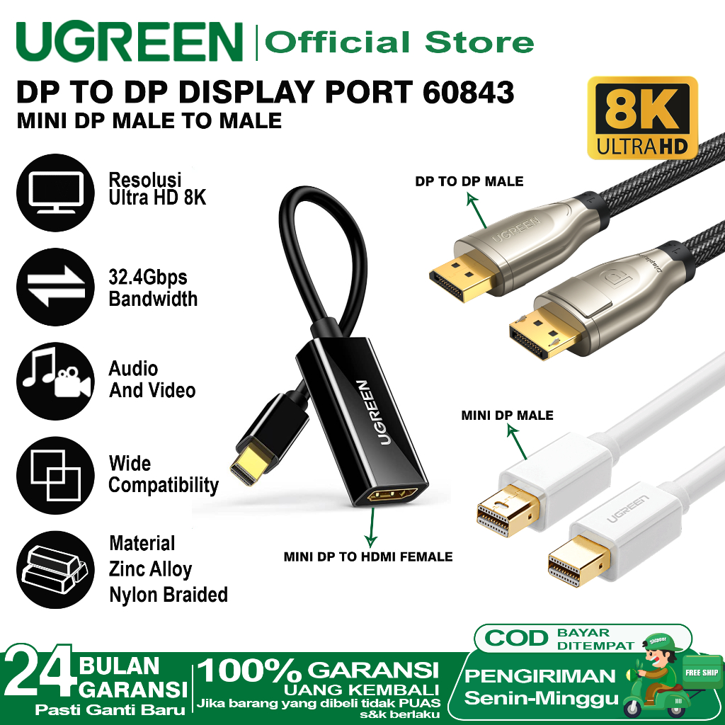Jual UGREEN Kabel Display Port, Mini DP To Display Port, HDMI Male To Female, DP To DP Ultra HD ...