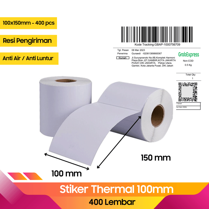 Jual Kertas Thermal Sticker 100x150 Resi Label Pengiriman A6 Barcode 400Pcs Stiker Termal ...