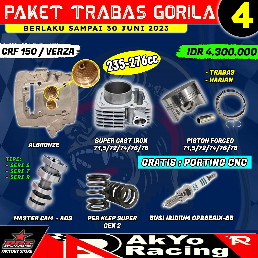 Jual PAKET TRABAS GORILA 4 BRT PAKET BORE UP 235CC - 276CC CRF 150 / VERZA | Shopee Indonesia
