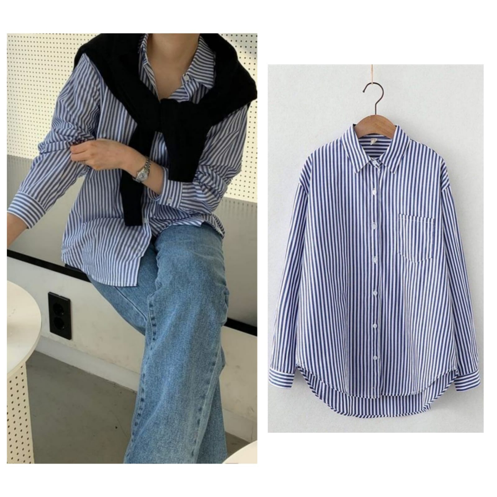 Jual MBO KEMEJA GARIS SALUR WANITA KASUAL KANTOR RAPI 016 ABU HITAM ...