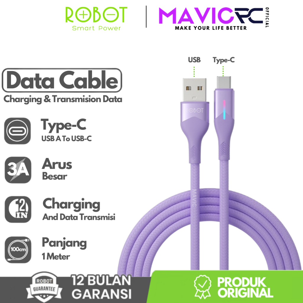 Jual ROBOT RFC100 Cable Kabel Data Charger Type C USB-C 3A 100cm Fast ...