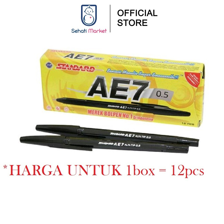 Jual ATK PENA PULPEN STANDARD 0.5mm AE7 ALFA TIP 12pcs HITAM | Shopee Indonesia