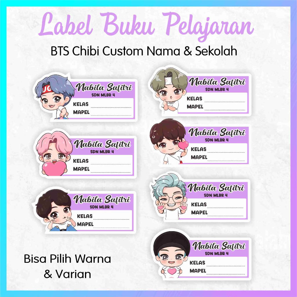 Jual Sticker Label Buku Pelajaran Sekolah Tema BTS Chibi / Sticker ...