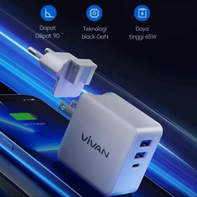Jual Vivan GaN02S Adapter Charger 3A Quick Charging 3 Port 65W 2in1 US ...