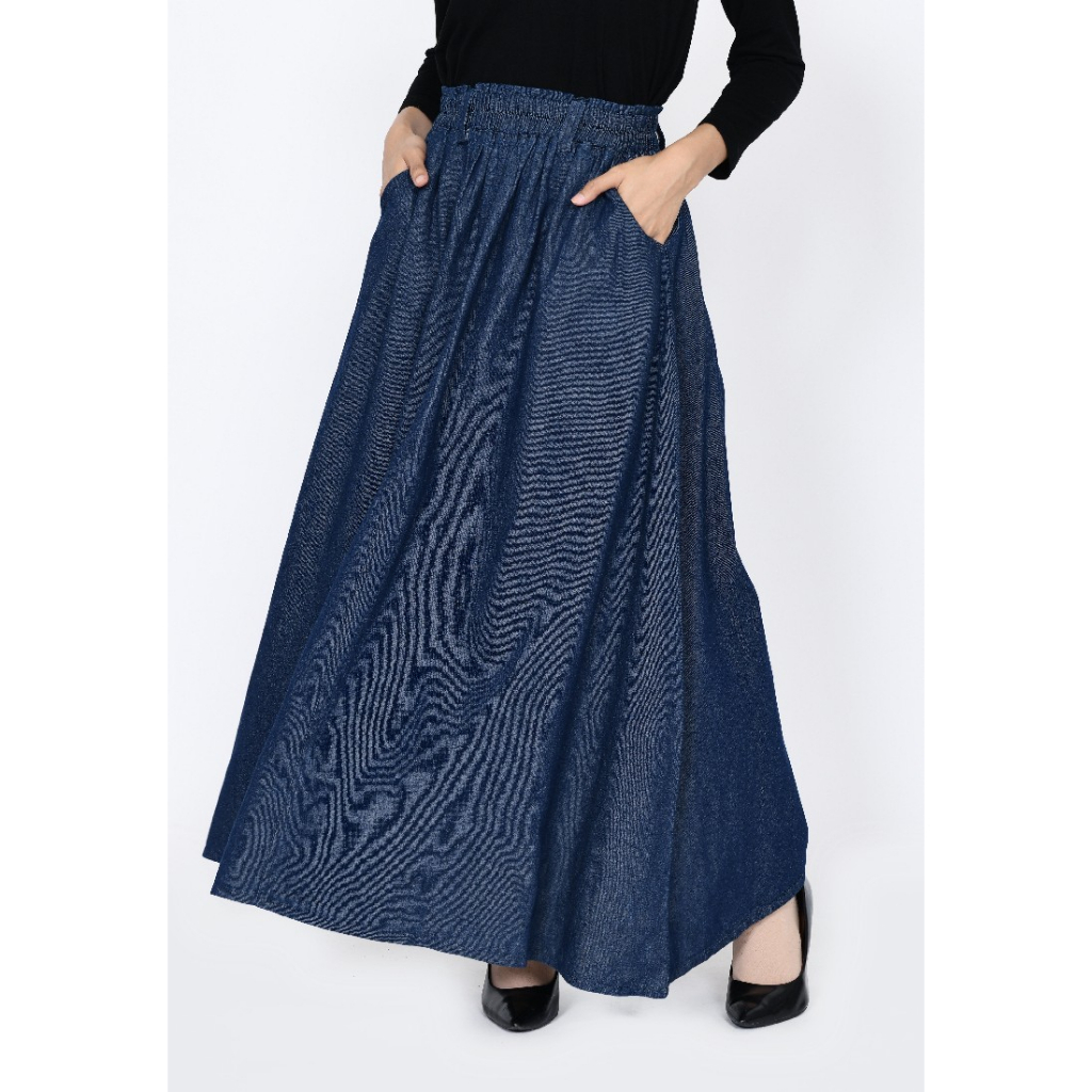 Jual Rok Jeans Pinggang Karet Flare Lebar Mayung Fit XL Panjang 90cm ...