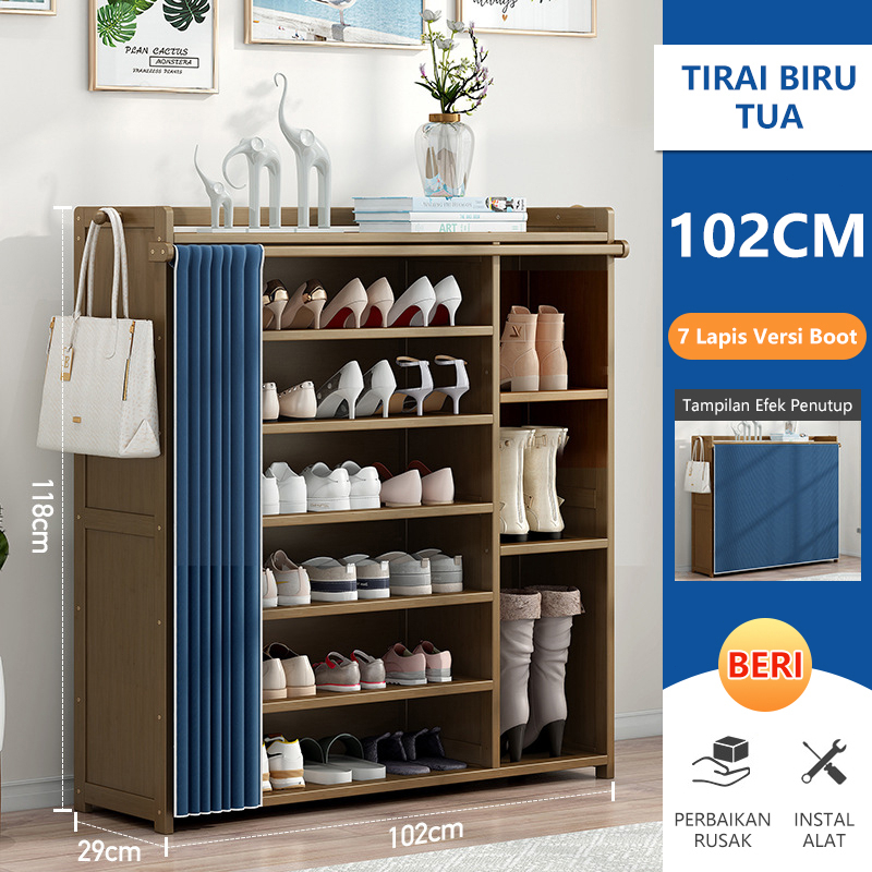 Jual Rak Sepatu Kayu 7 Susun Lemari Sepatu Tahan Debu Dengan Tirai ...