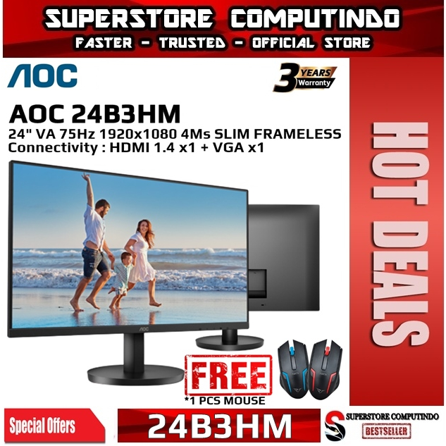 Jual Monitor LED AOC 24B3HM 24" 1080p 75Hz VGA HDMI VESA Slim Frameless ...