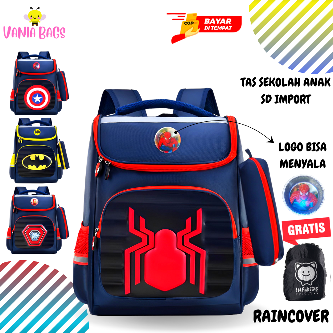 Jual Tas sekolah anak laki laki sd import gambar karakter superhero timbul waterproof logo bisa ...