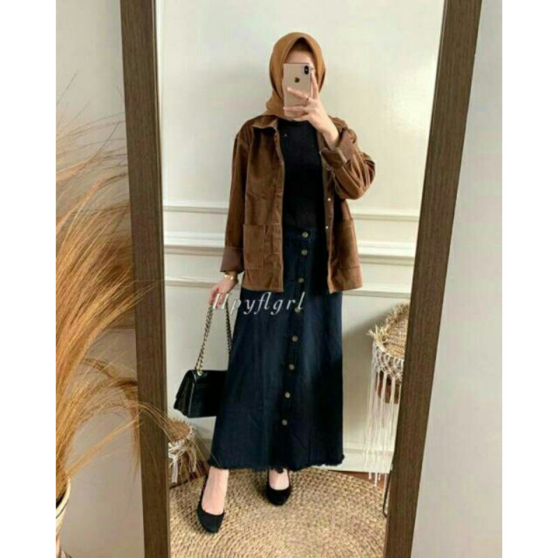 Jual Rok button skirt jeans putih hitam span knitted Rok denim panjang ...