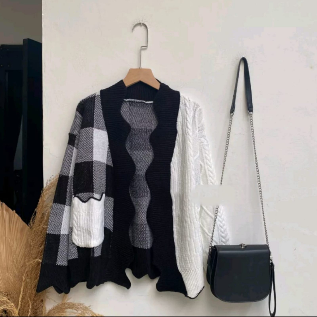Jual Cardigan Outer Rajut Wanita Cable Mix Square Kotak Kombinasi 2 Warna | Shopee Indonesia