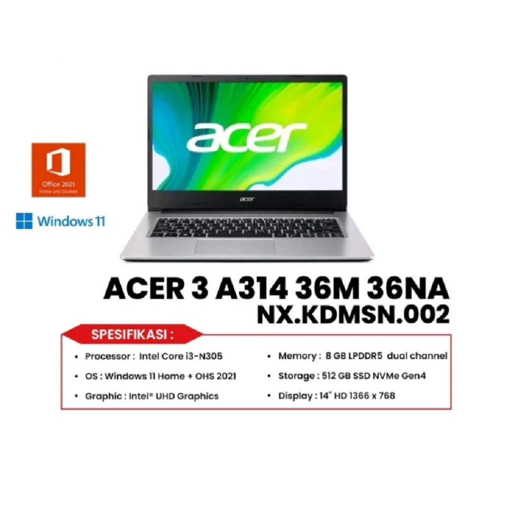 Jual Laptop ACER A314-36M-36NA Intel Core I3-N305 | Shopee Indonesia