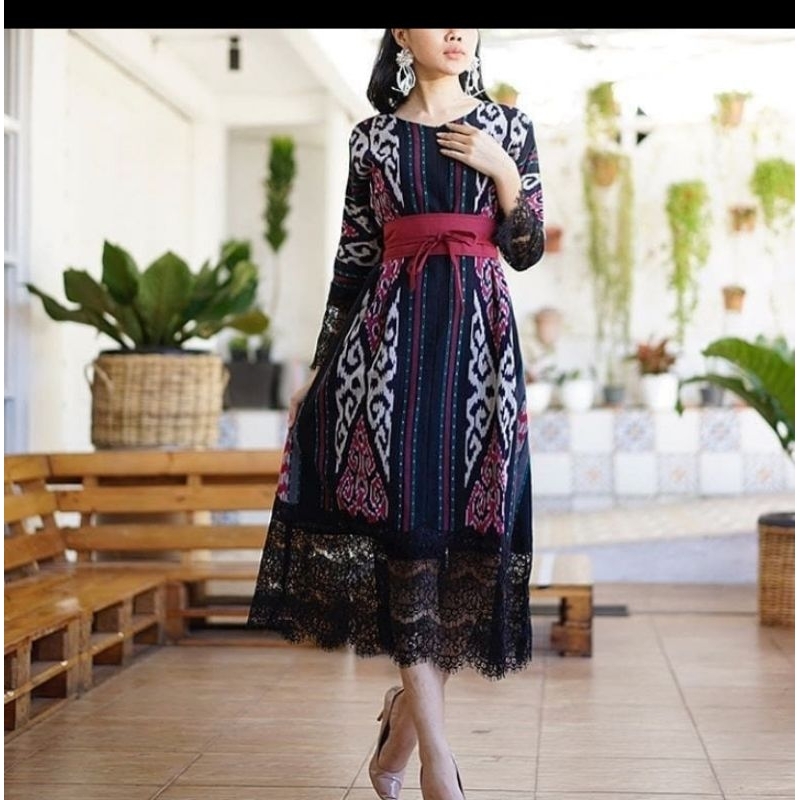 Jual Dress Tenun Ikat Etniq Mix Brokat Free OBI Gaun Pesta Kondangan DRS111 | Shopee Indonesia