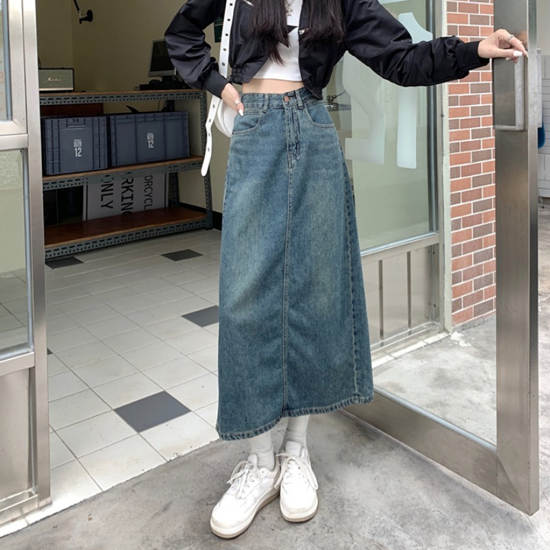 Jual Emily Rok-Rok Midi Denim Fashion Rok A-line Highwaist Biru Retro ...