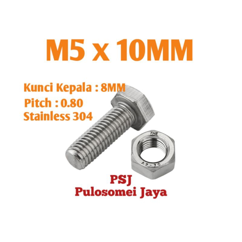 Jual Baut Mur Hex Stainless Steel 304 Size M5 x 10 mm | Shopee Indonesia