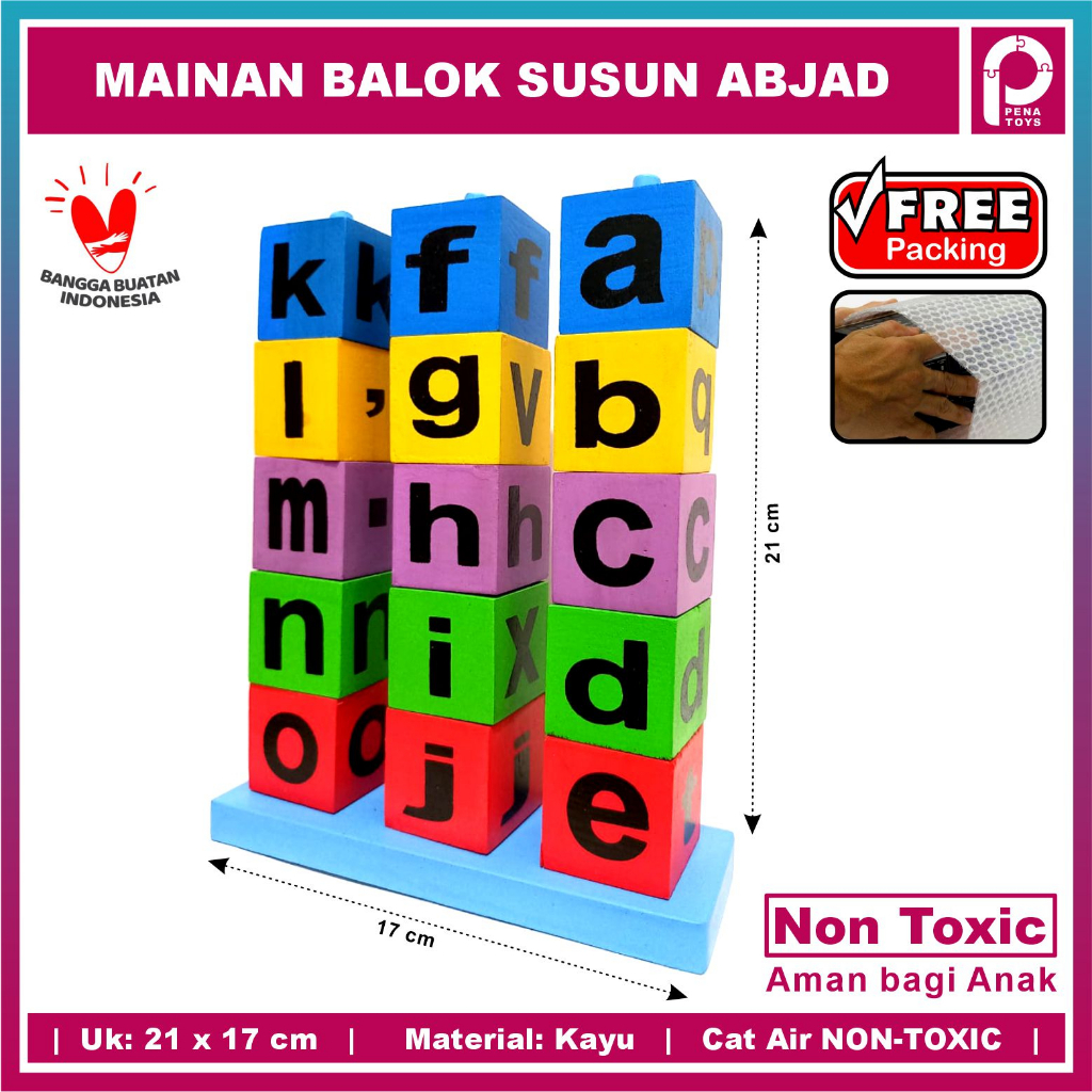 Jual Balok Susun Huruf Mainan Kayu Edukasi Menara Balok Susun Warna ...